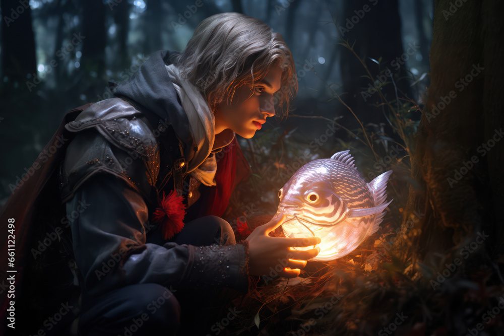 Beautiful prince cosplay in fairy tale in enchanted forest. Fairy tale ...