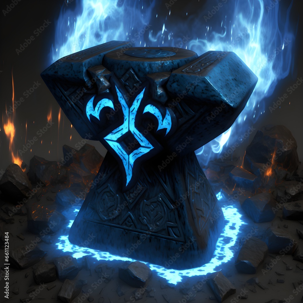 simple large black anvil one blue glowing rune covered in blue flames ...