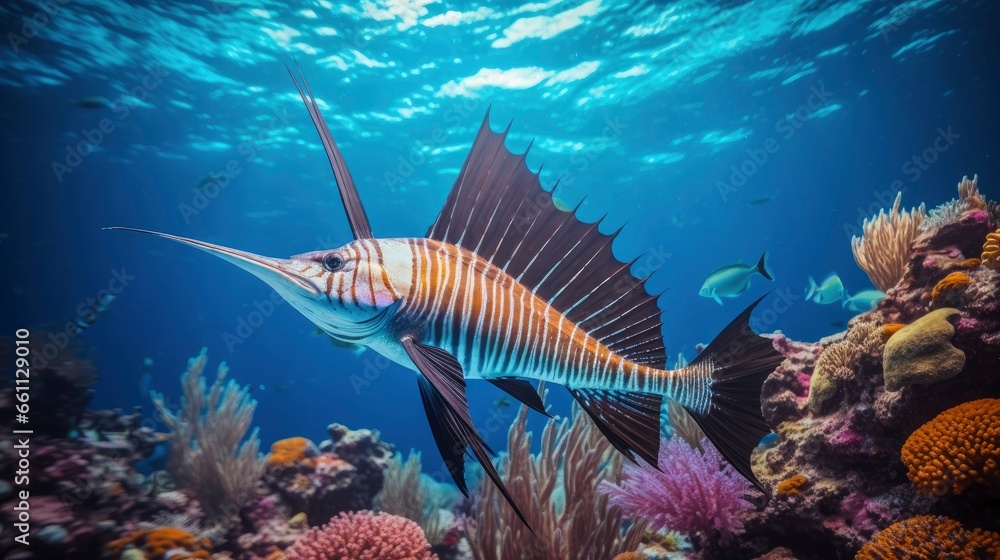 Giant atlantic tropical sea blue marlin underwater at bright and ...