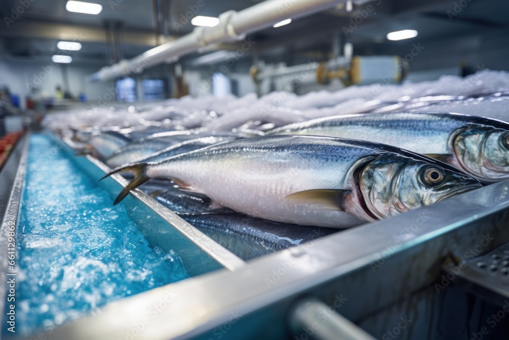 A conveyor belt in a fish processing factory with a line of fresh trout ...