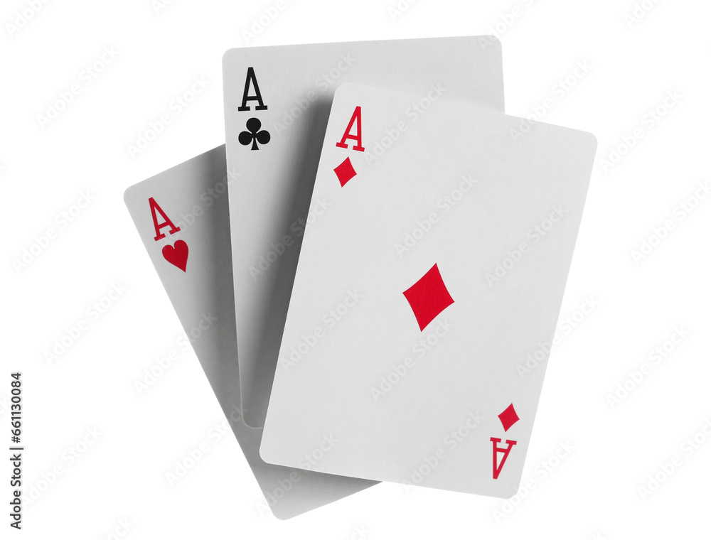 Flying playing card for poker and gambling, three aces isolated on ...