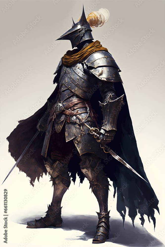 Medieval knight wearing full face helmet and iron boots square helmet ...