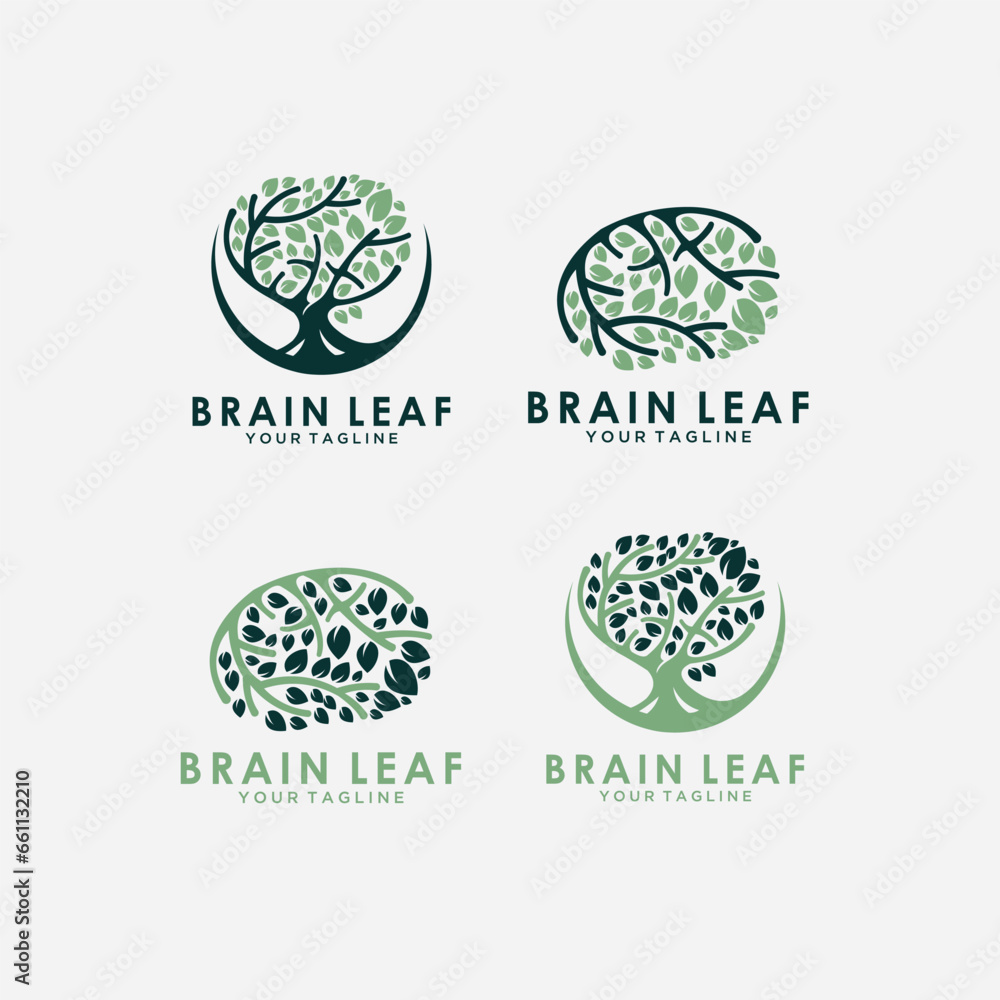 Set of vector logo, icon, emblem design with brain tree. Think green ...