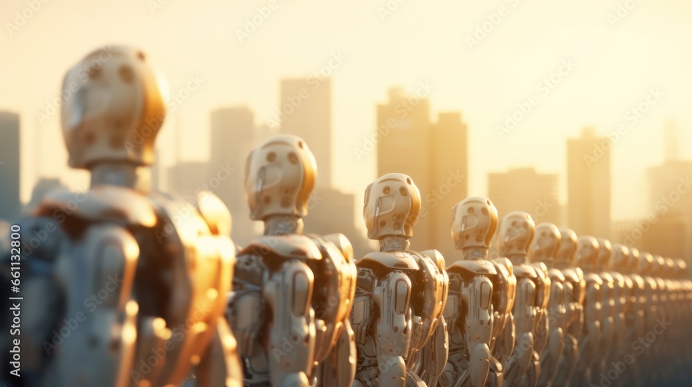 army of robots is approaching a big city. invasion of military robots ...