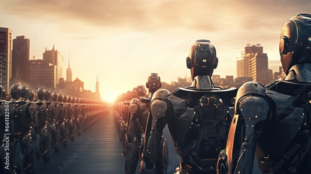 army of robots is approaching a big city. invasion of military robots ...