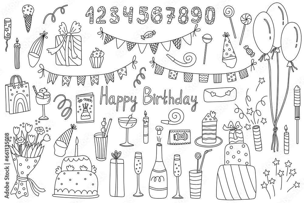 Birthday party decorations set. Cakes, party hats, lettering, gift ...