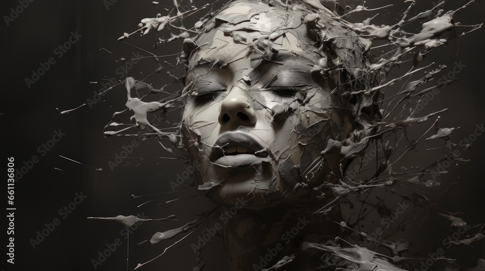 Artistic portrait of a female model with cracked skin. Black and white ...