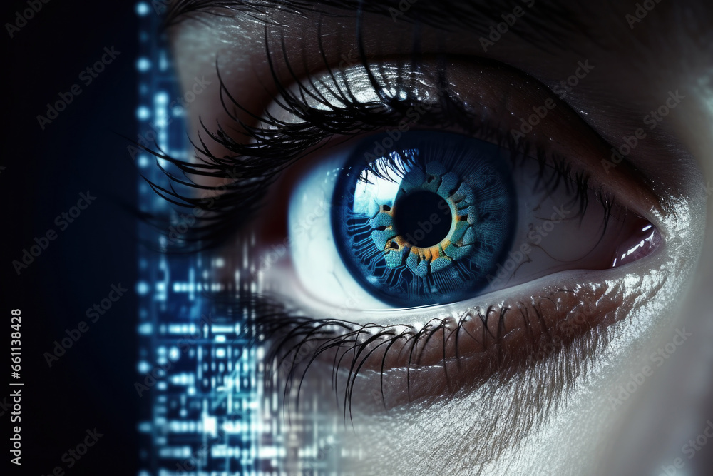Female cyber eye. Futuristic bionic technology. Digital human eye model ...