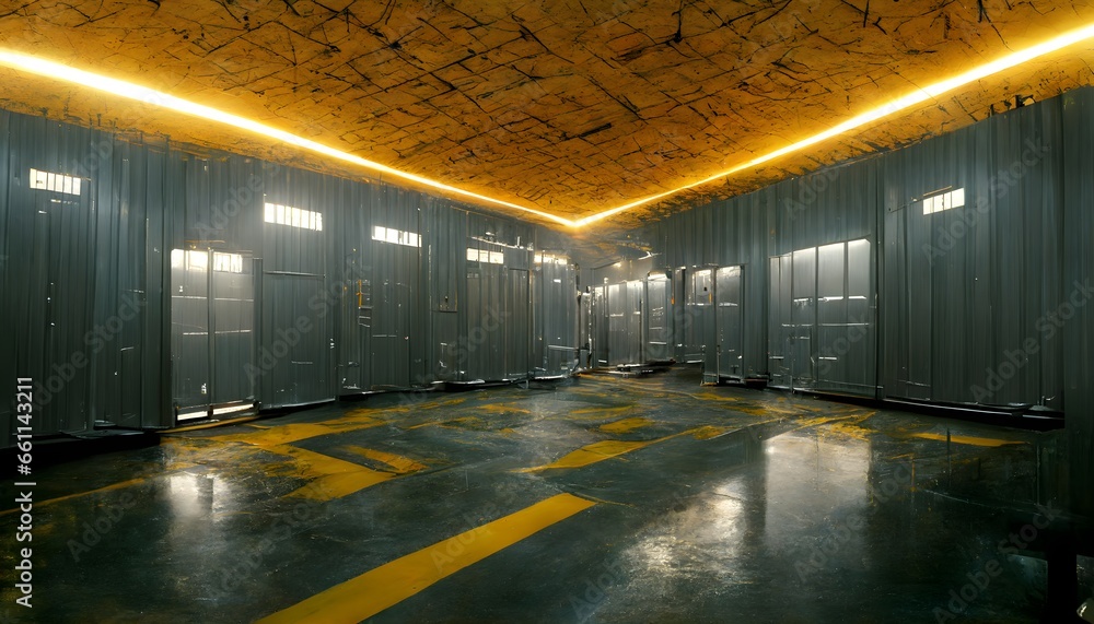 Interior huge Science fiction brutalist spaceship cargo area octane ...