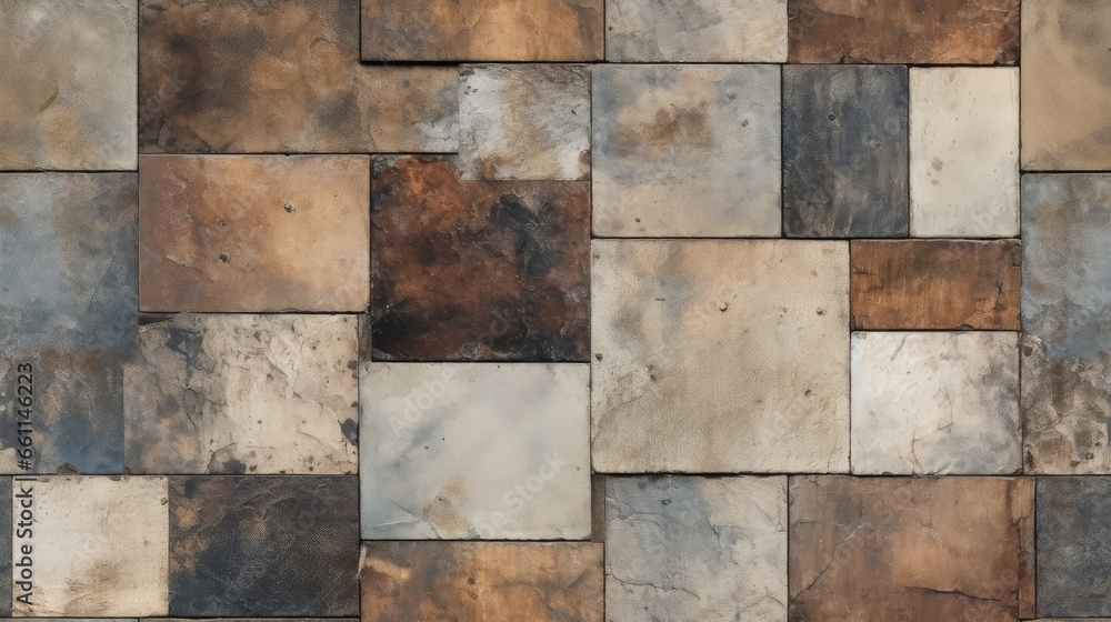 Vintage charm: An old brown and gray rusty square mosaic of patchwork ...