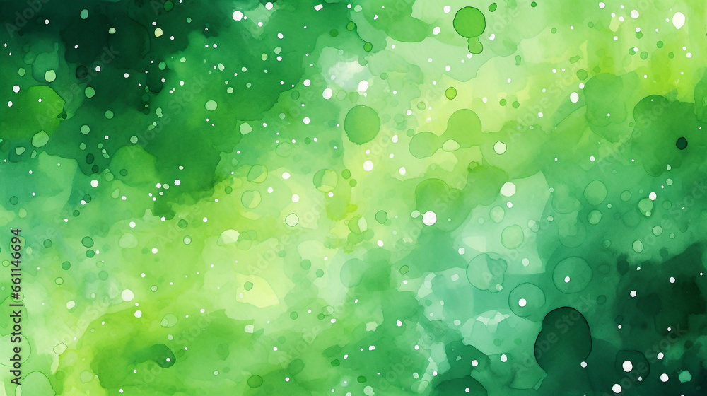 An abstract, watercolor-like background of green and white circles and ...