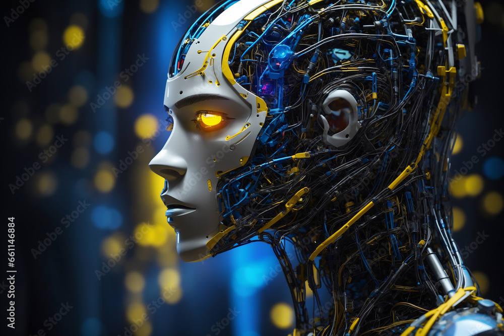 Side view of a humanoid head with blue and yellow eyes and vibrant neon ...