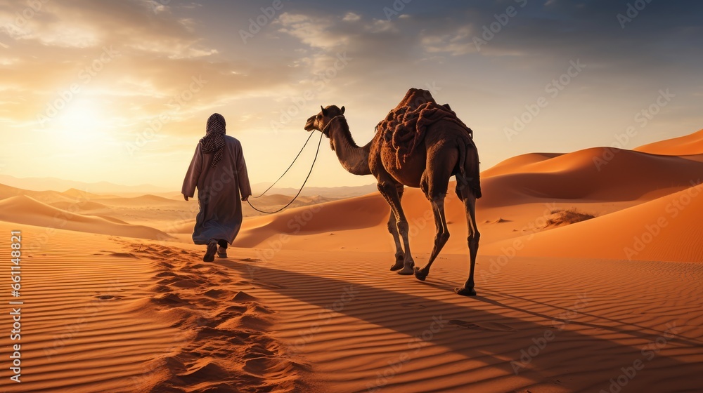 Desert explorer: A man in traditional attire embarks on a desert ...