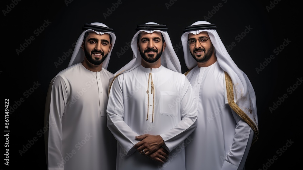 A studio portrait of Arabic Muslim adults in traditional clothing ...