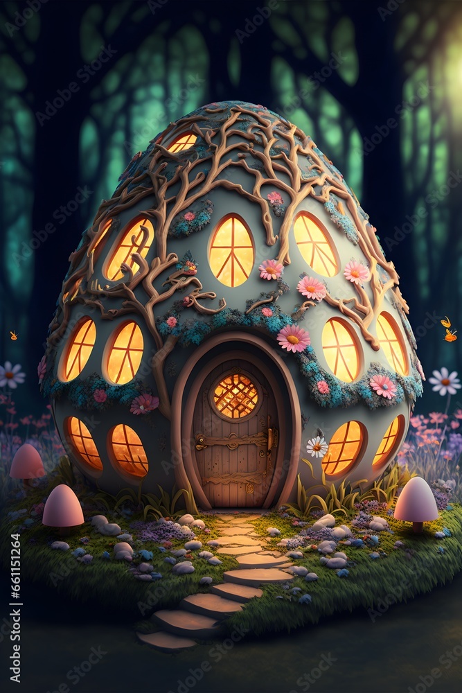 Storybook style Whimsicle Easter Hut in a clearing of a forest cute ...