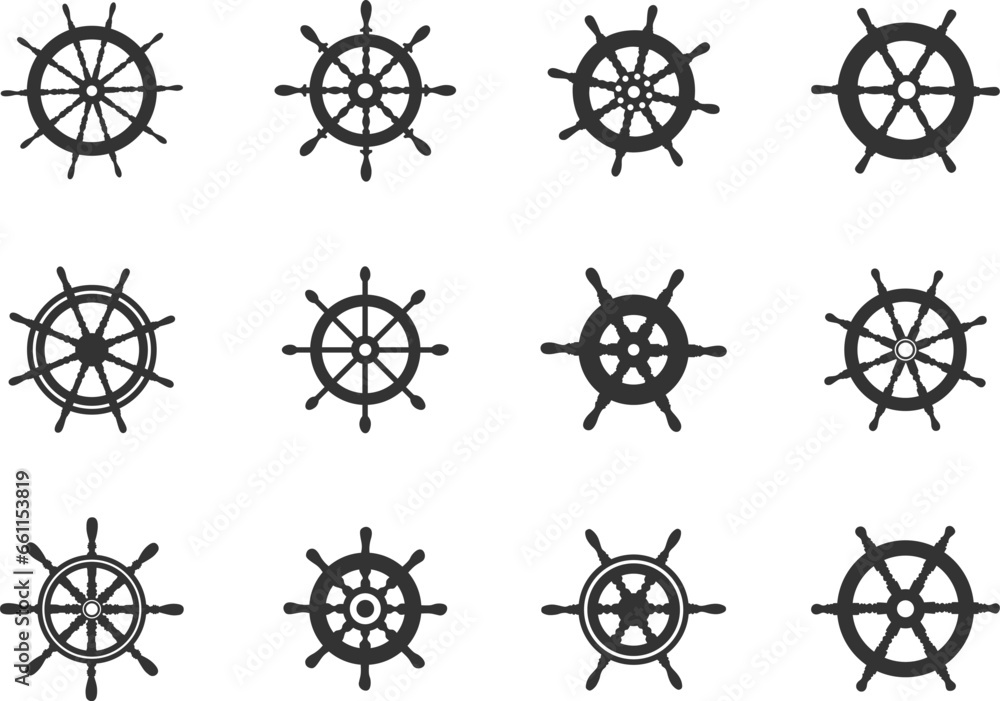 Ship wheel silhouettes, Ship wheels vector, Ship wheel icon set, Ship ...