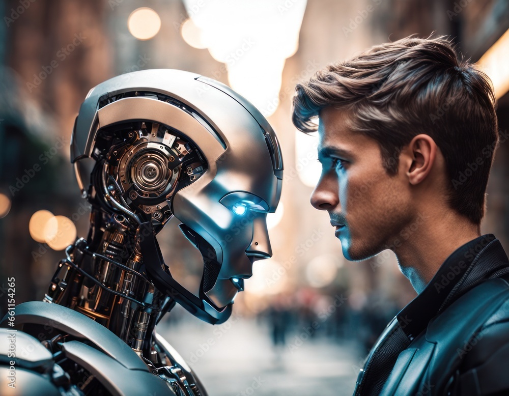 Handsome male versus robot looking at each other, face to face, side ...