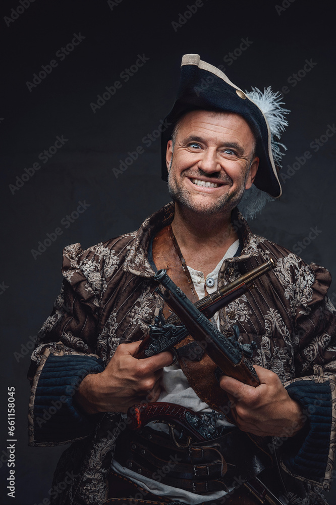 A menacing pirate character, aged and rugged, sporting a wild beard ...