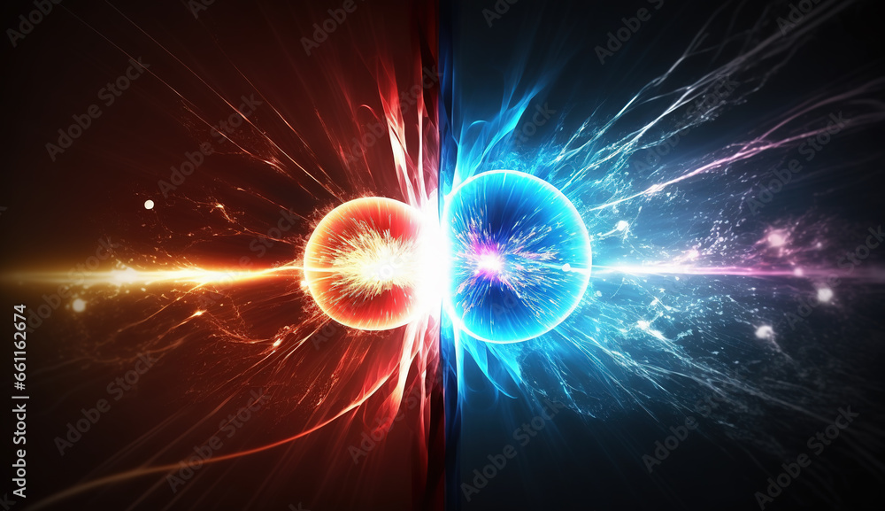 Blue and red particles colliding and exploding in dark space. Matter ...