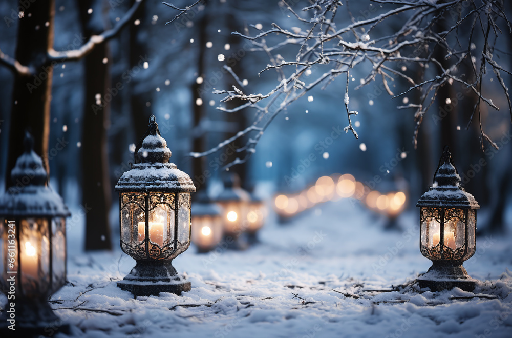 Beautiful winter background detail forest at night with snowfall and ...