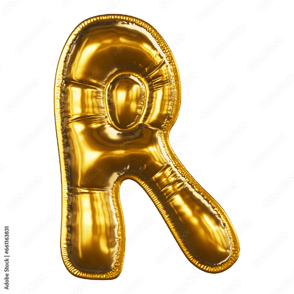 Realistic gold font 3D render - letter R. Inflated Balloons gold foil ...
