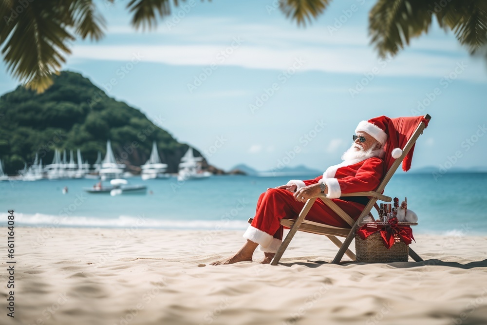 Santa Claus relaxing on tropical beach. He is lying on a sunlounger ...