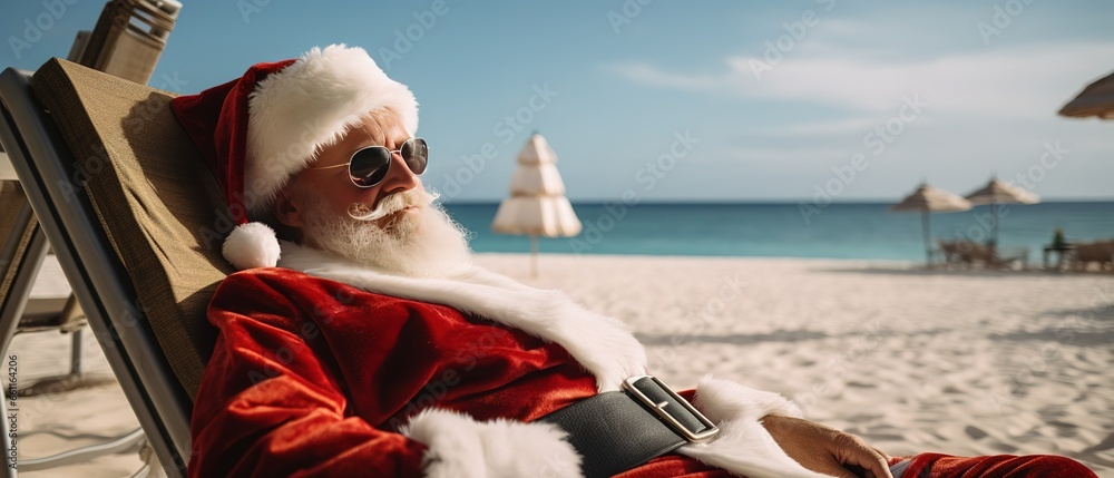 Santa Claus relaxing on tropical beach. He is lying on a sunlounger ...