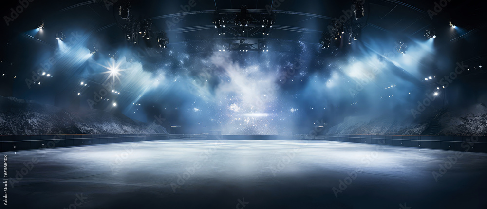 Empty Ice Rink Background. Professional Arena illuminated by lights ...