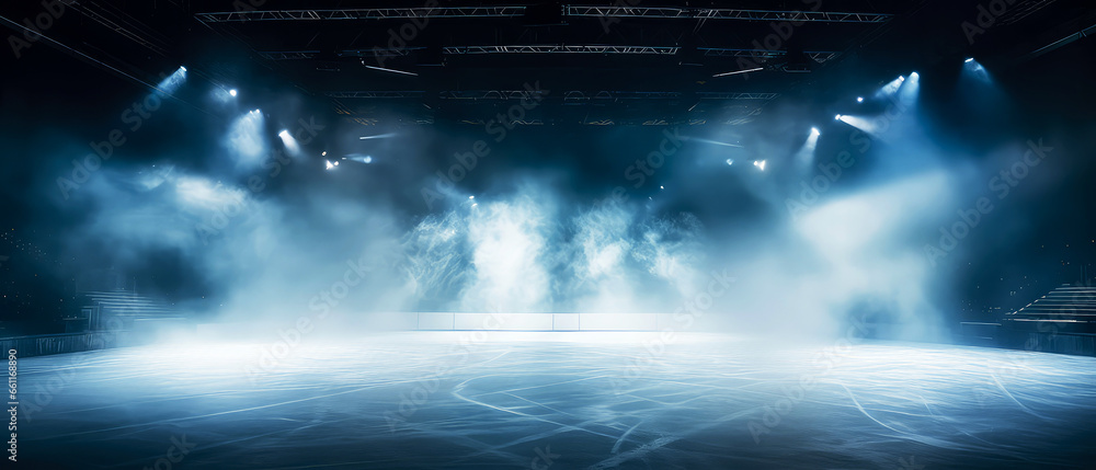 Empty Ice Rink Background. Professional Arena illuminated by lights ...