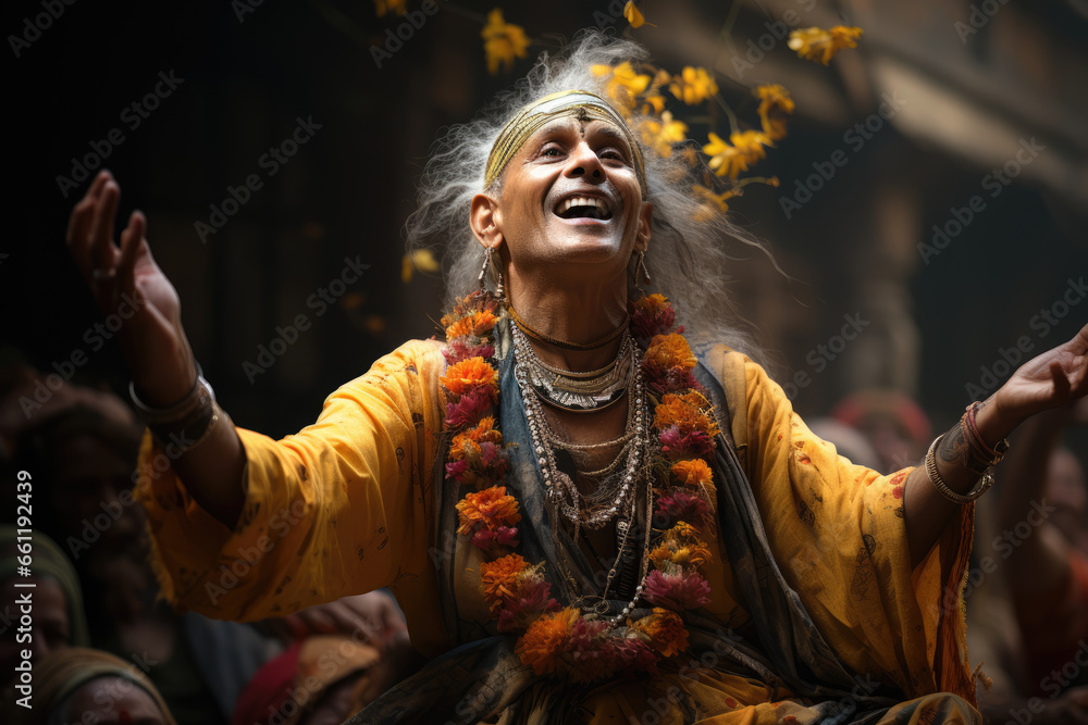 A Hare Krishna devotee chanting and dancing, spreading joy and devotion ...
