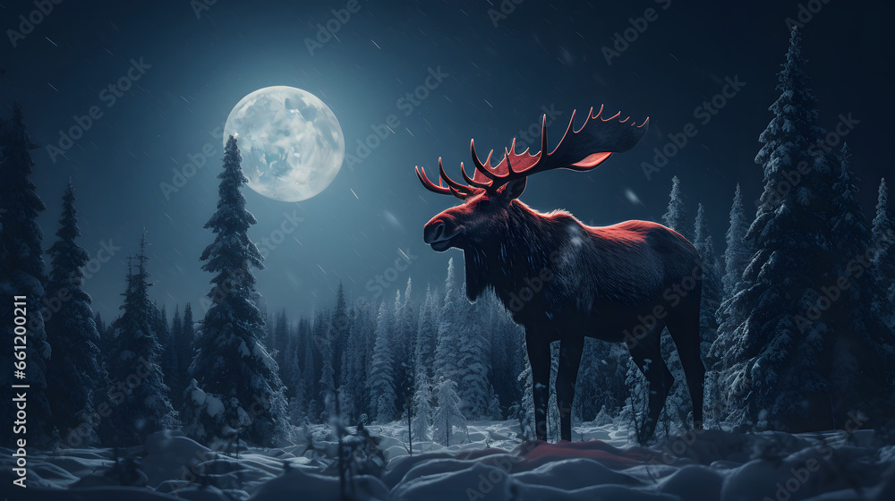 elk at the north pole on christmas night illuminated with moonlight ...