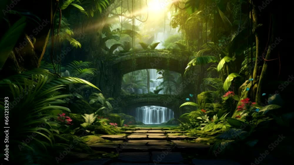 fantasy green forest with beautiful river. seamless looping 4K time ...