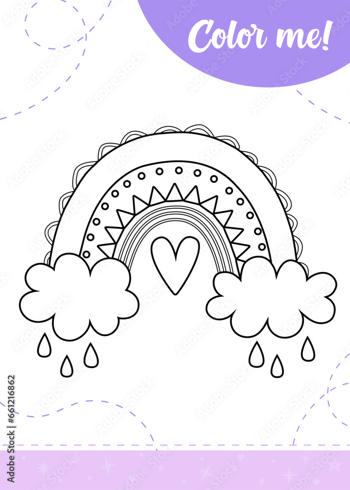 Coloring page for kids with boho rainbow. A printable worksheet, vector ...