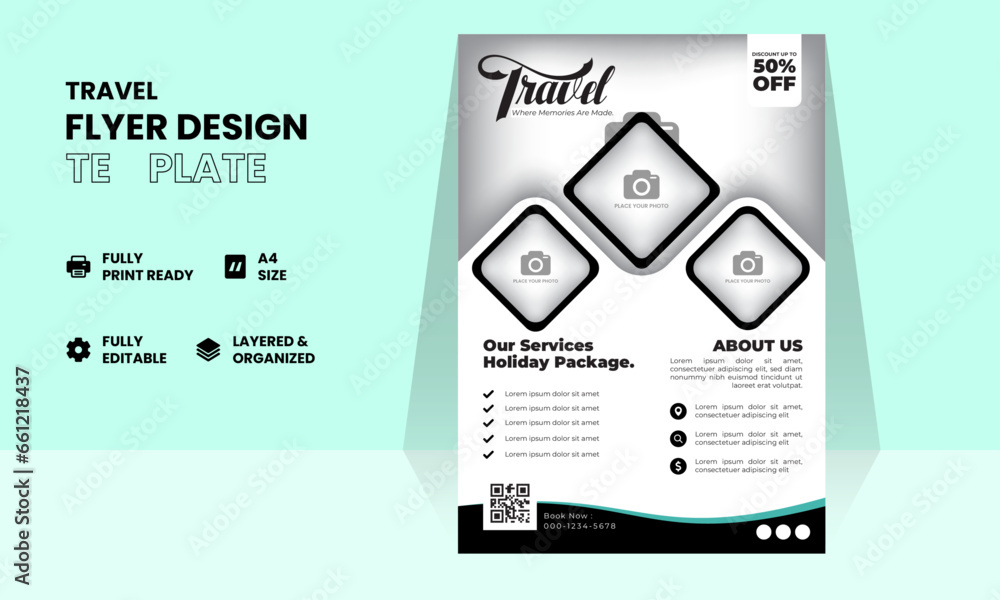 Travel poster or flyer pamphlet brochure design layout, space for photo ...