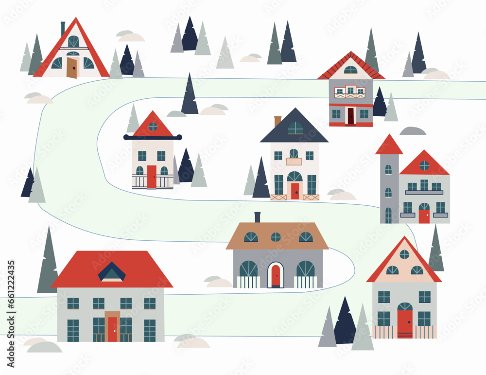Houses city map. Winter streets scheme, tiny funny buildings with road ...