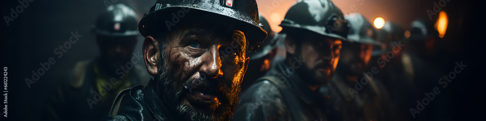 a line of miners, dirty and sweaty from their grueling day's work ...