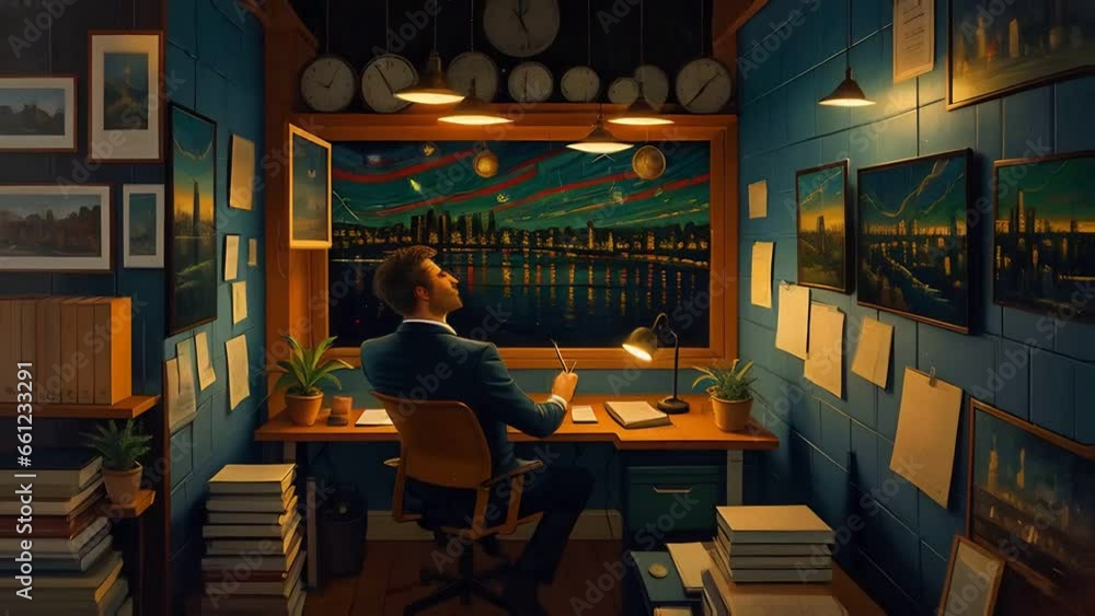 a man sitting at a desk in front of a window looking out at the city at ...