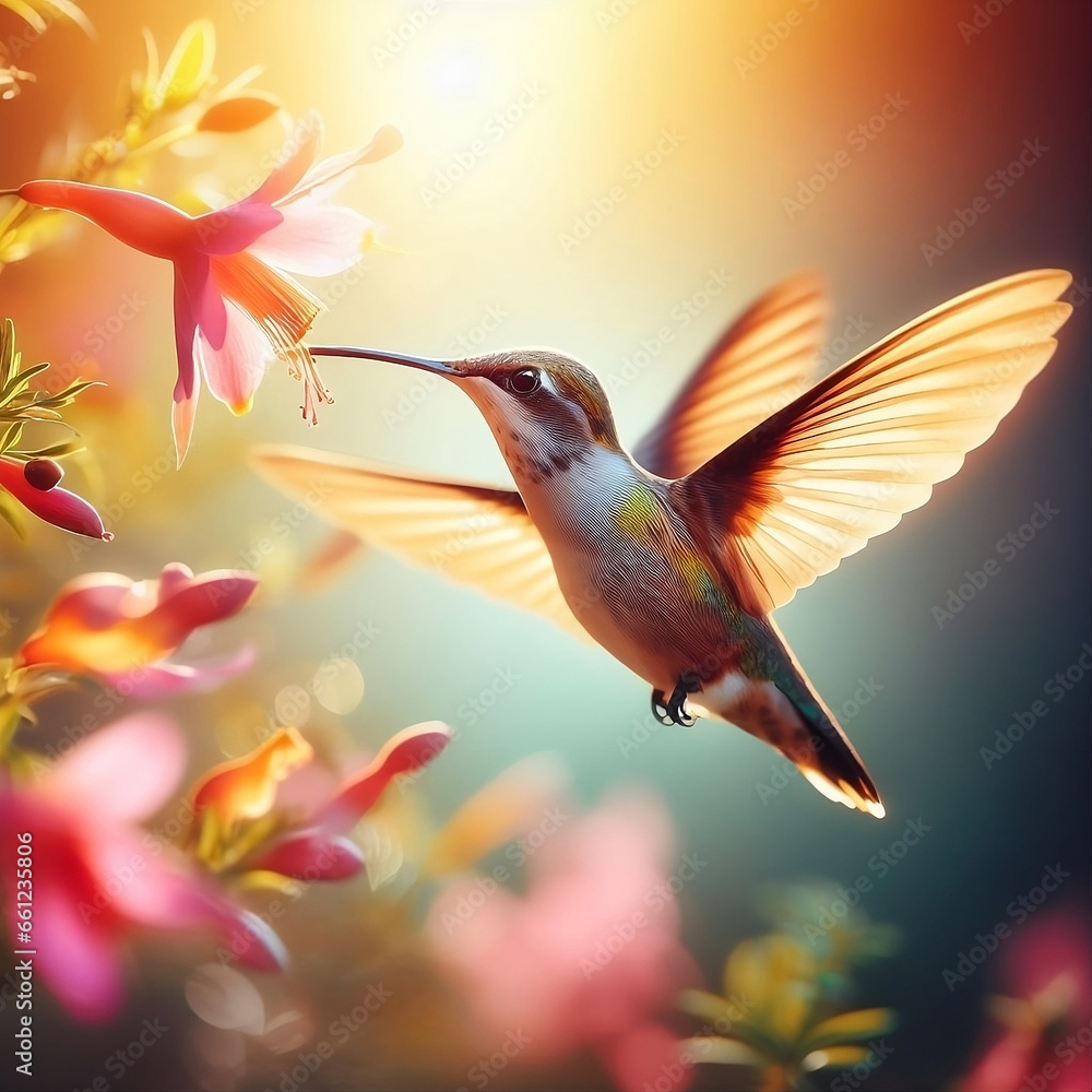 Colibrí alimentándose con el néctar de una flor. Stock Photo | Adobe Stock