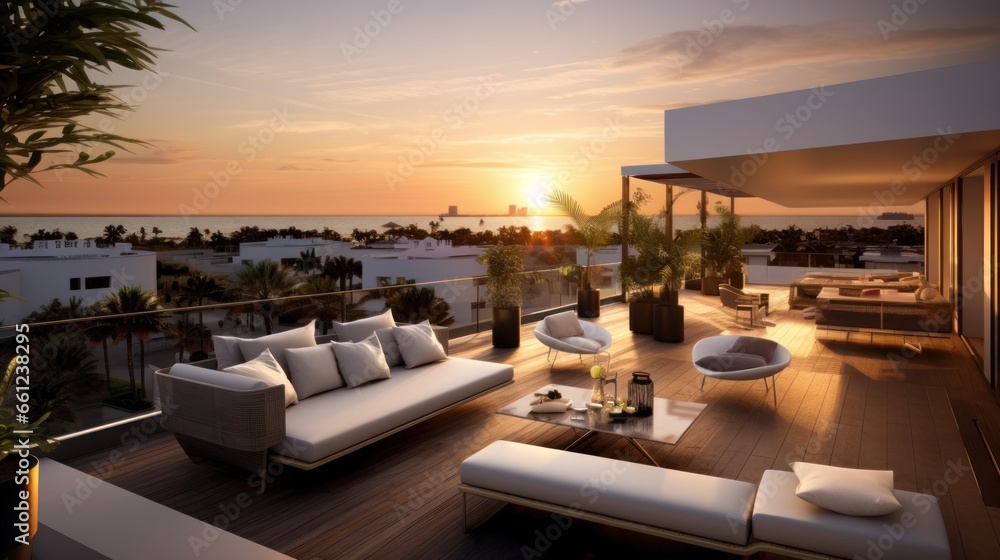 Depict the rooftop of a modern villa as the perfect vantage point for ...