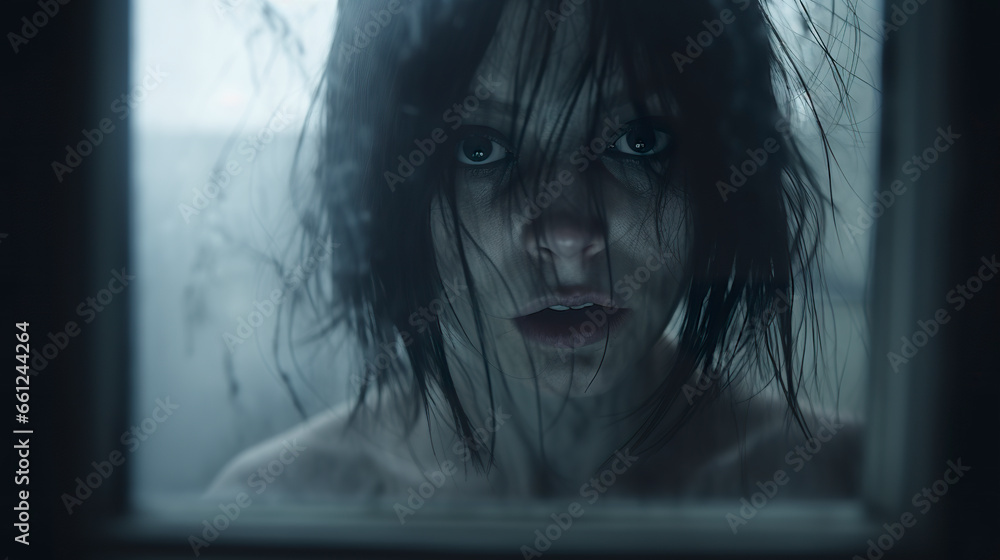 Digital art of a pale female face looking through the window. Woman ...