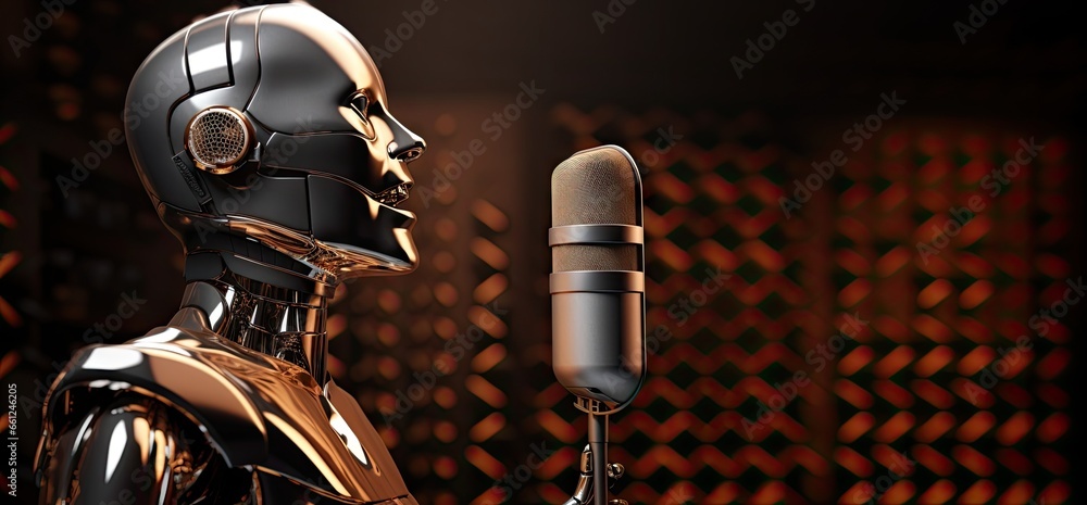 Singer or announcer robot with microphone on sci-fi cyberpunk ...