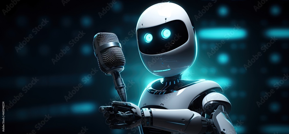 Singer or announcer robot with microphone on sci-fi cyberpunk ...
