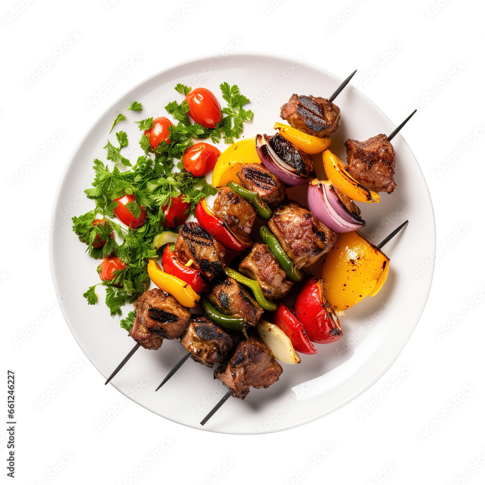 shish kebab with vegetables in a plate isolated on transparent ...