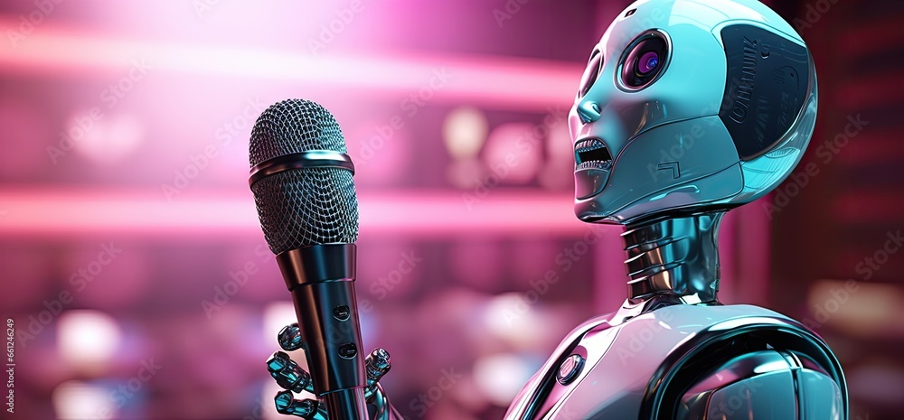 Singer or announcer robot with microphone on sci-fi cyberpunk ...