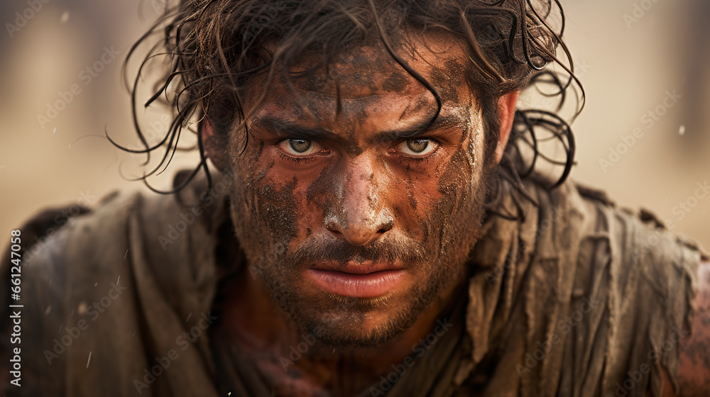 A portrait of a young Israeli tribesman in battle. Young angry man with ...