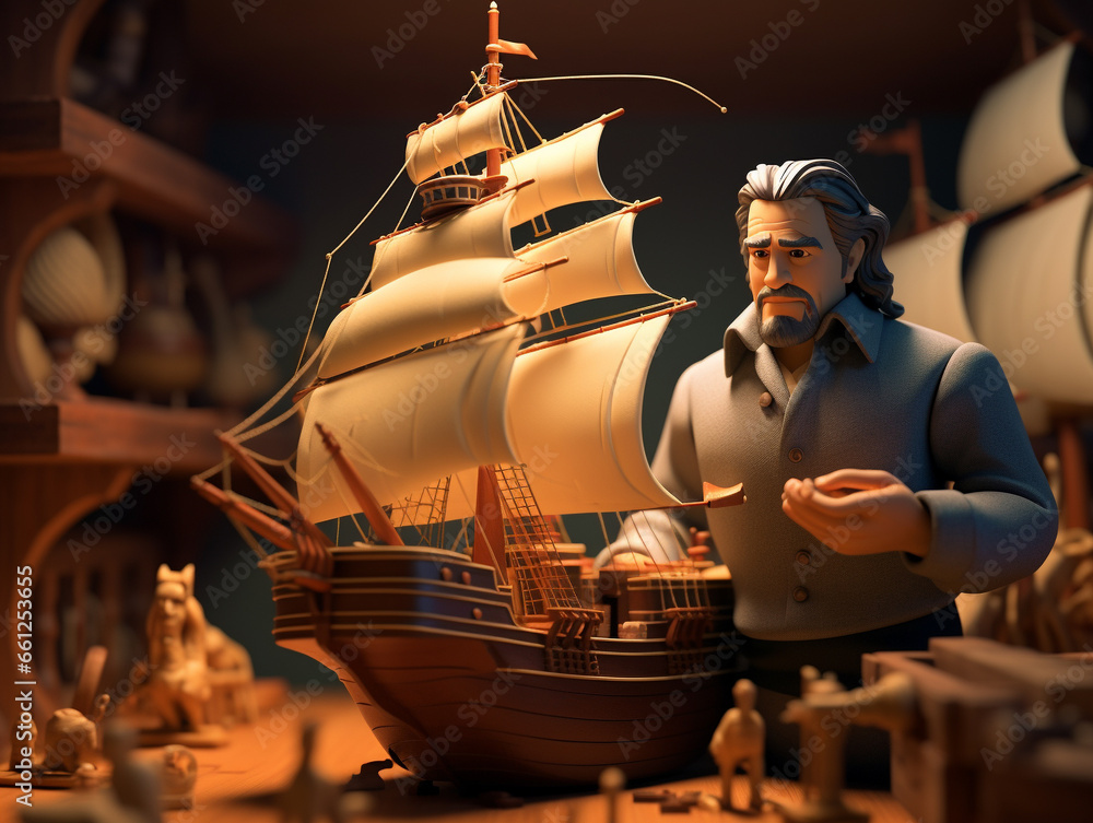 An Illustration of a Ship Captain With a 3D Printed Model Ship Stock ...