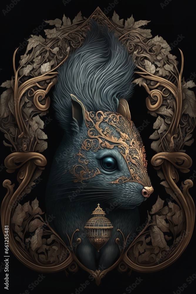 a squirrel wearing a gold mask and standing next to a bird cage. The ...