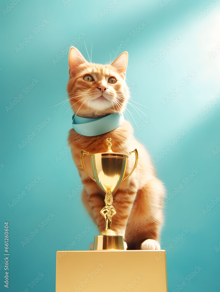 Adorable kitten with ribbon collar sitting on a podium behind gold ...