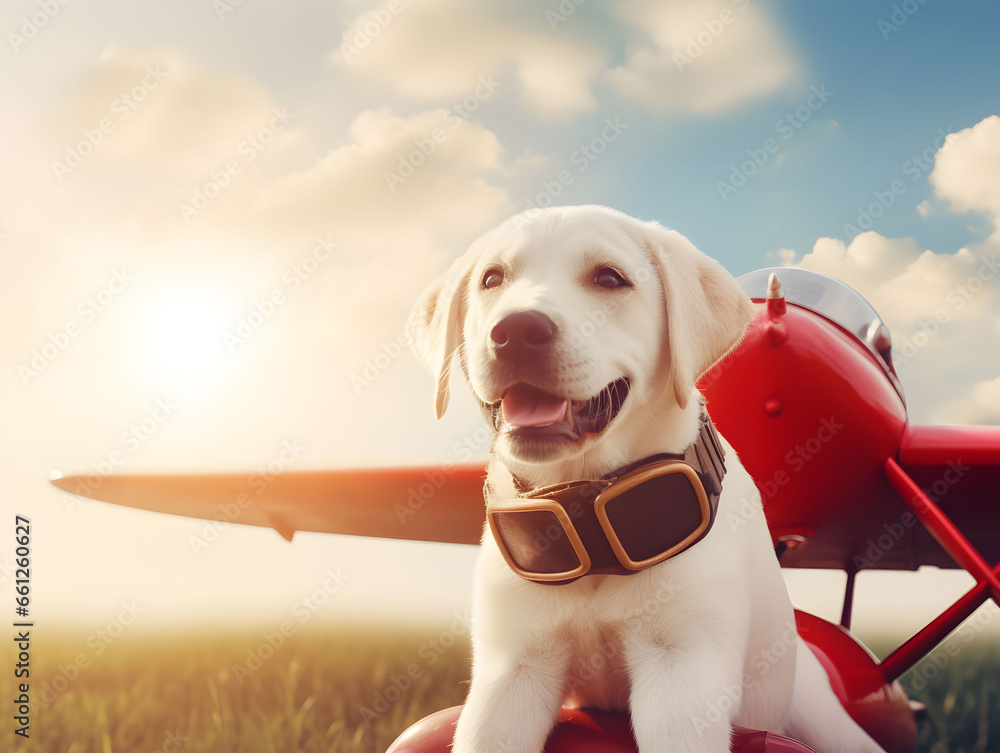 Happy dog with flying goggles around neck sitting on in front of a red ...