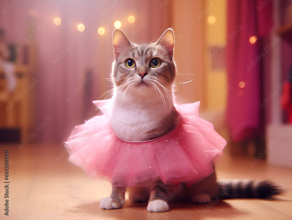 Cute kitten wearing pink glitter tutu. Serene indoor fade out ...